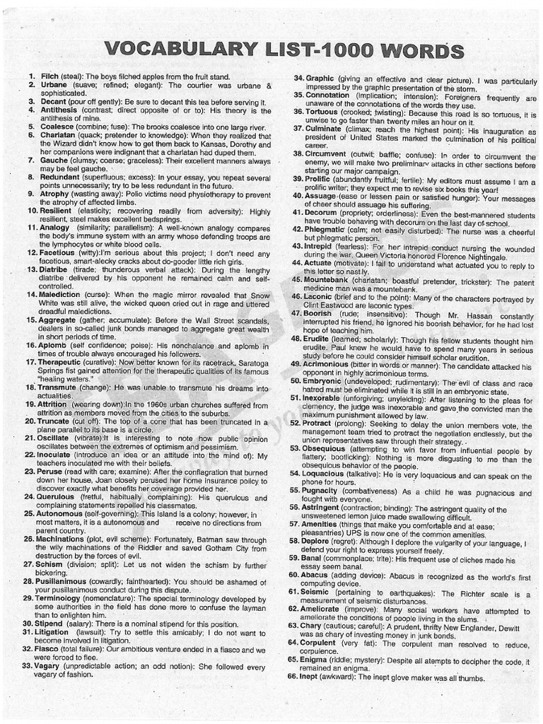 Vocablary List 1000 Word | PDF