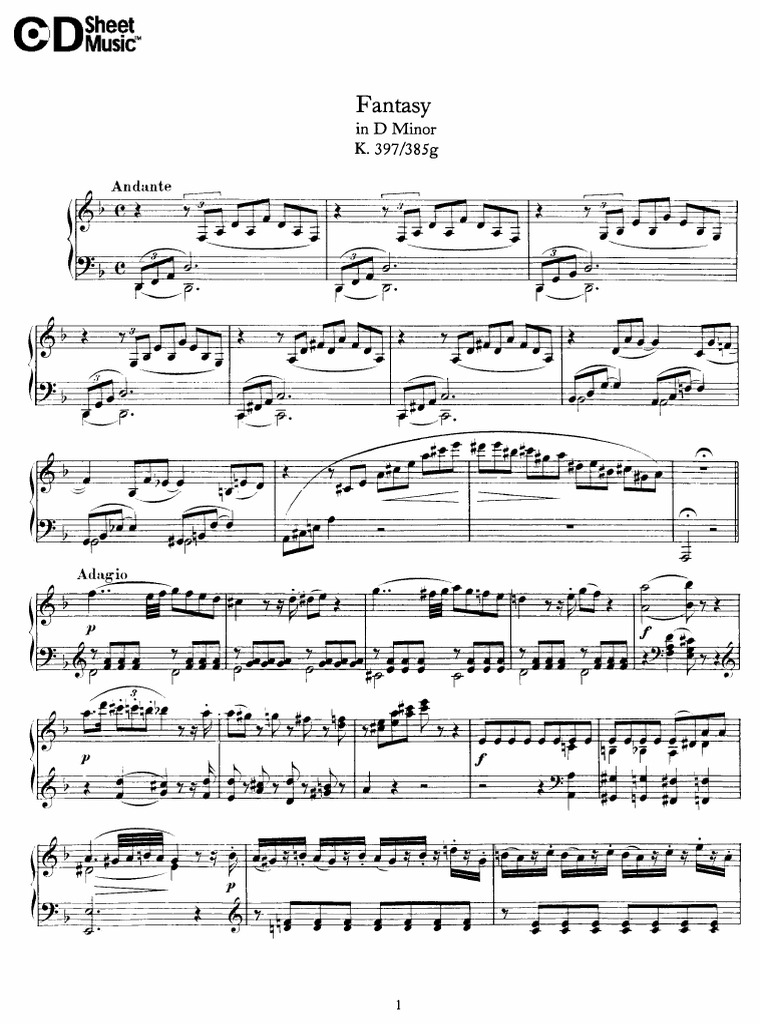 Mozart - Fantasy in D Minor, K.397, 385g | PDF