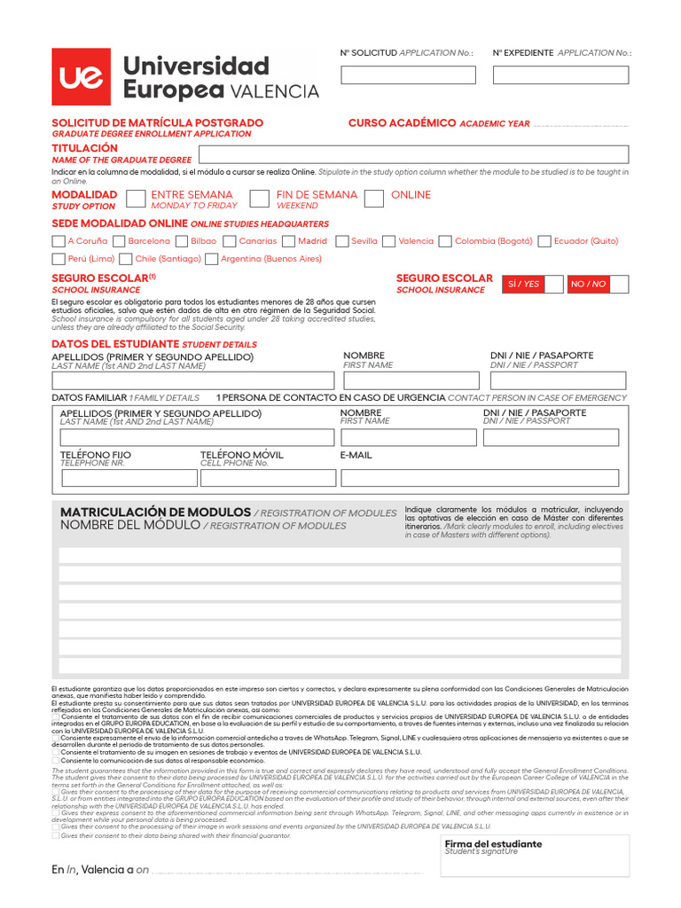 Hoja MatrÃ - Cula Postgrado Valencia | PDF | Universidad | Bancos