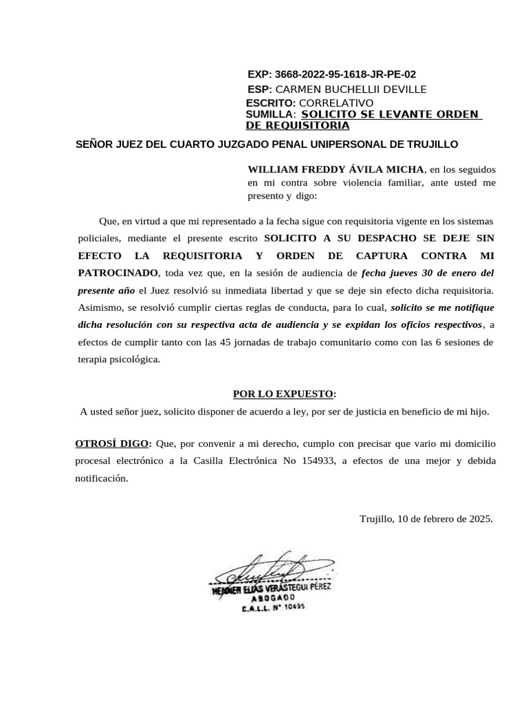Solicito Se Deje Sin Efecto Orden de Captura | PDF