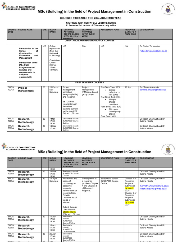 Timetable For MSC PM | PDF