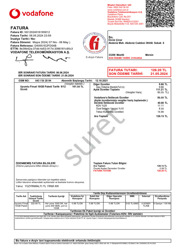 Vodafone_E-Fatura_2024_Mayis | PDF
