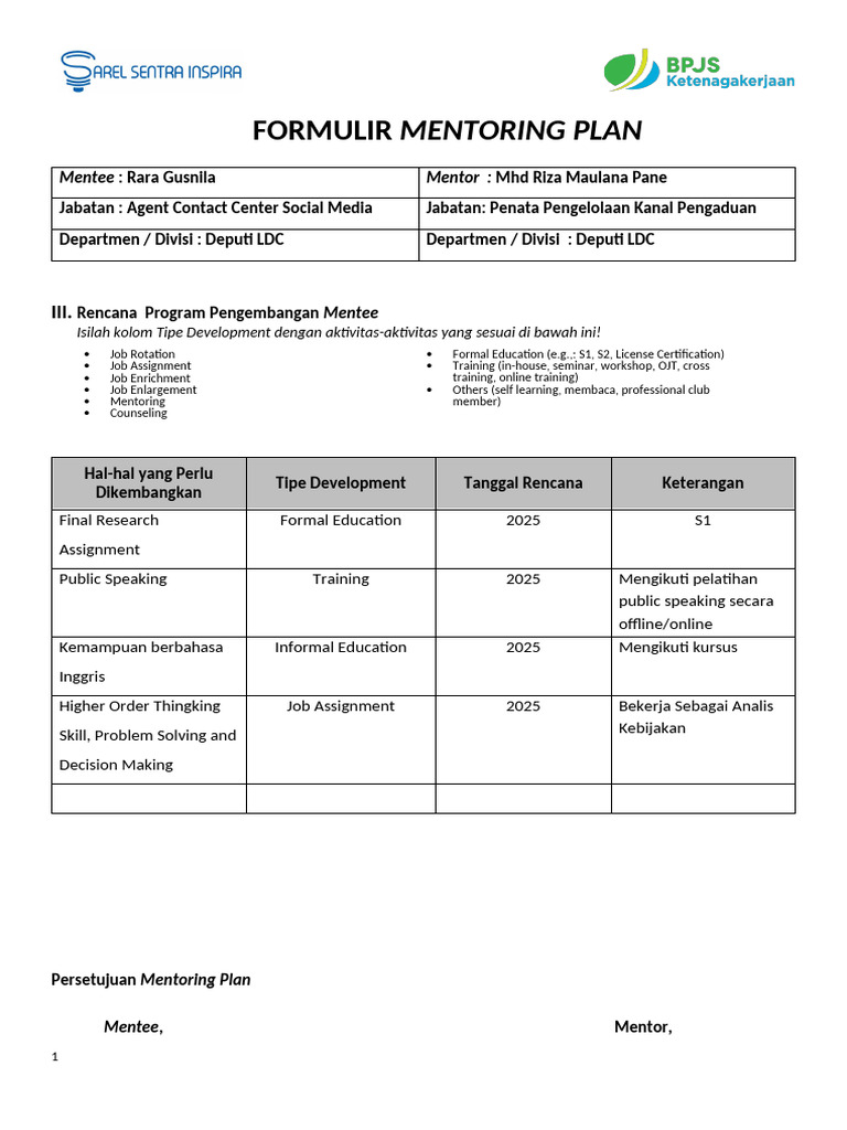 Mentoring Form 1 - Formulir Mentoring Plan 2024 - RARA GUSNILA | PDF