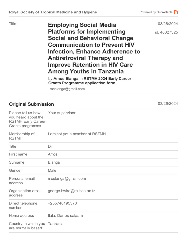 Original Submission: Amos Elanga RSTMH 2024 Early Career Grants Programme Application Form | PDF ...