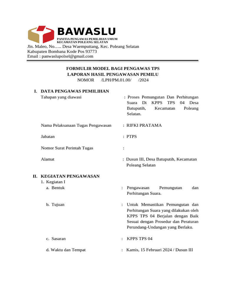 FORMULIR FORM A TPS 001 BATUPUTIH | PDF