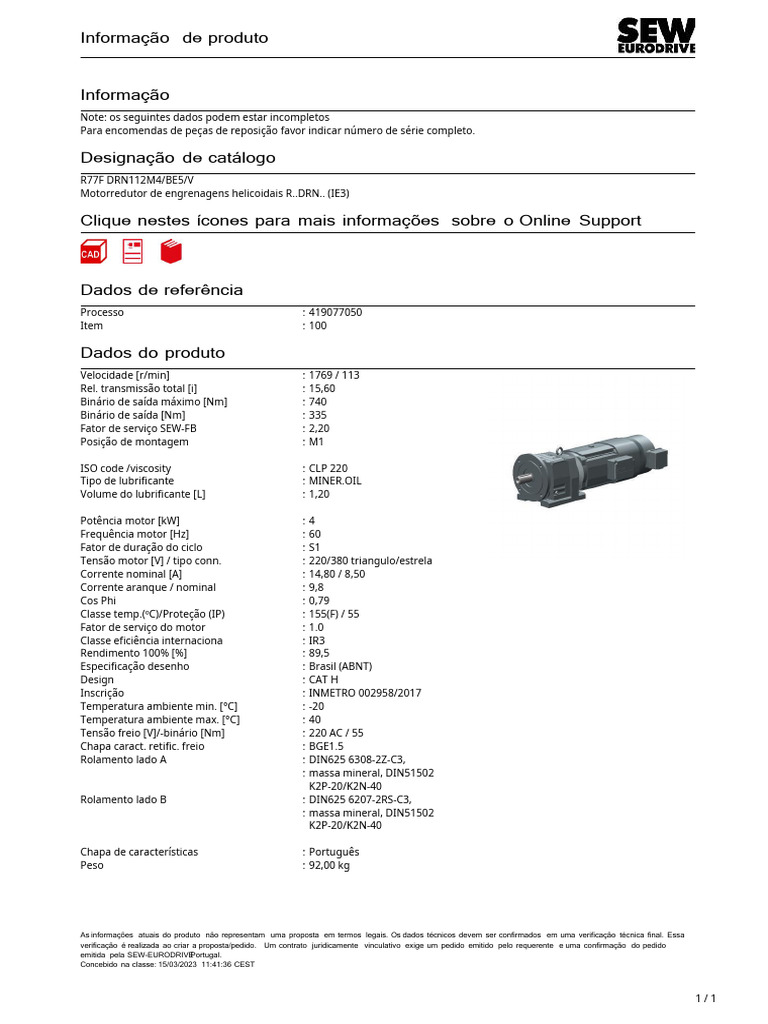 Motorredutor R77F DRN112M4/BE5/V SEW-EURODRIVE | PDF | Fenômenos ...