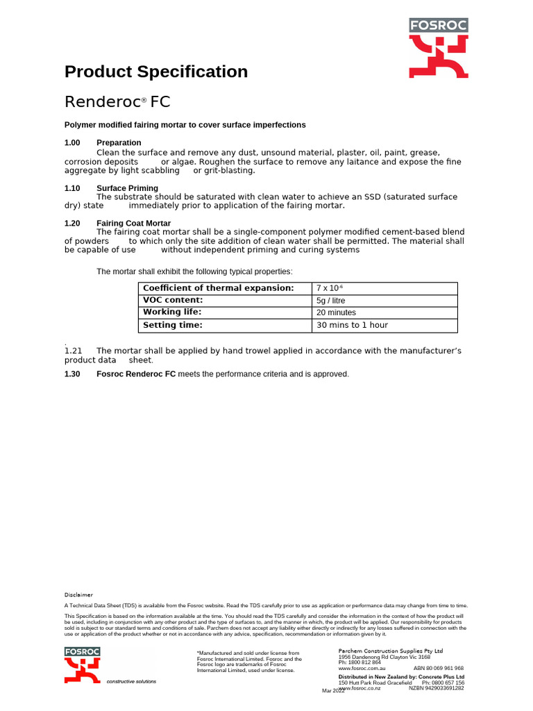 Fosroc_Renderoc_FC_Spec | PDF | Mortar (Masonry) | Paint