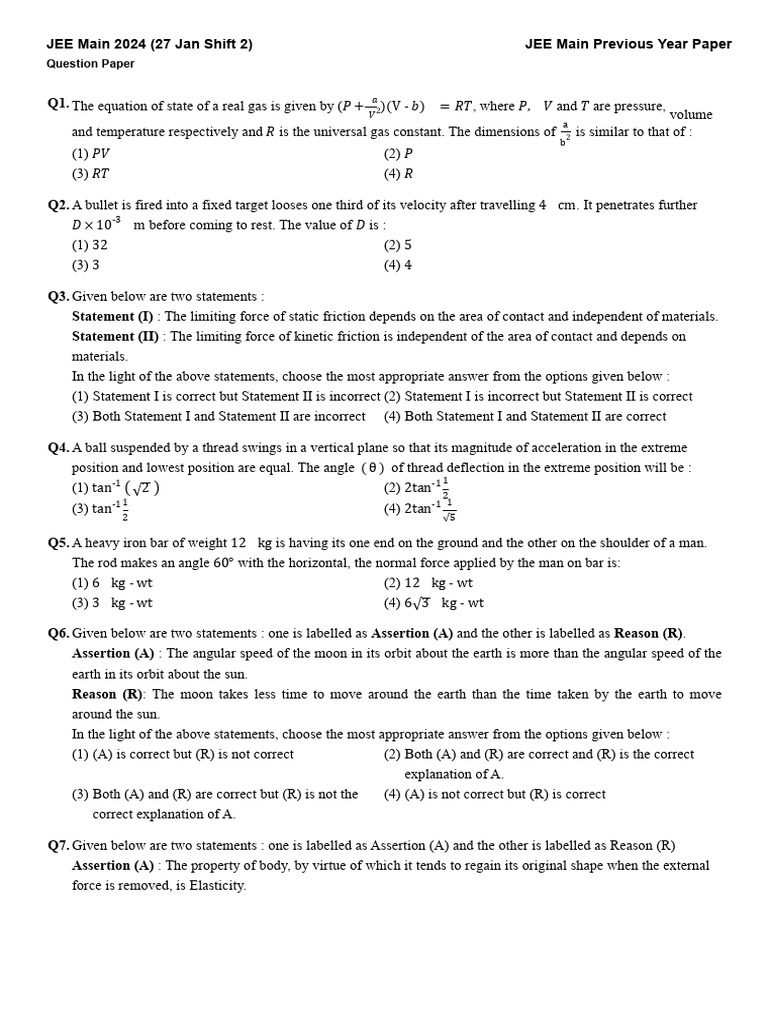 JEE Main 2024 (27 Jan Shift 2) Previous Year Paper With Answer Key ...