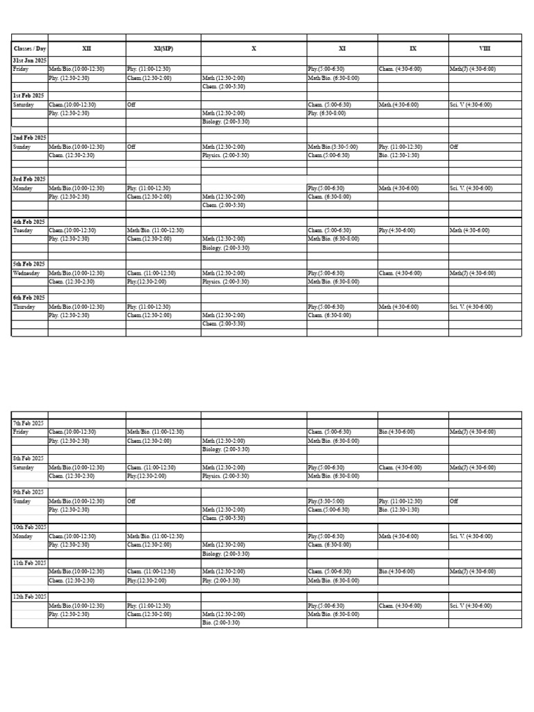 Rev. Timetable 2024-25 31st Jan to 11th Feb (1) | PDF