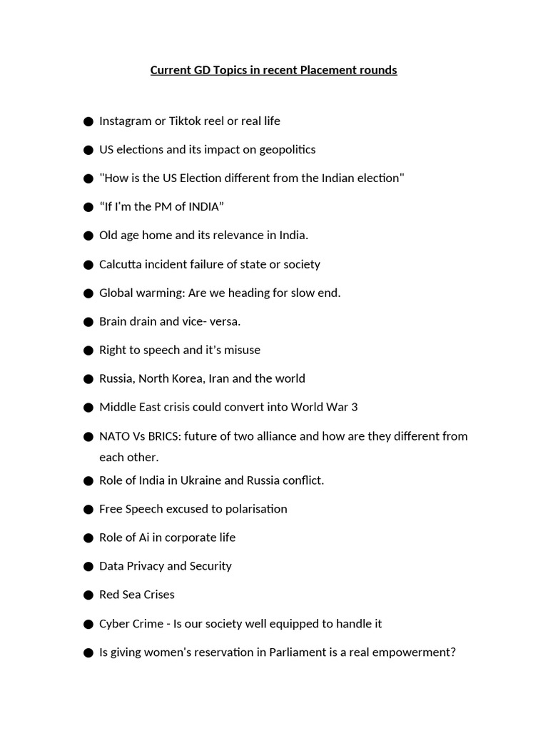 Current GD Topics for Placement Rounds | PDF