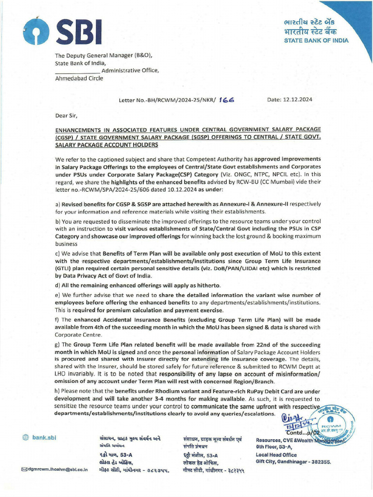 Letter No.-166 Dated 12.12.2024 For Revised CGSP-SGSP Offerings | PDF