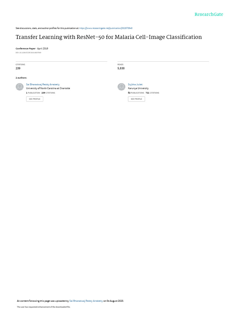 Transfer Learning With ResNet-50 For Malaria Cell-Image Classification | PDF | Malaria | Deep ...