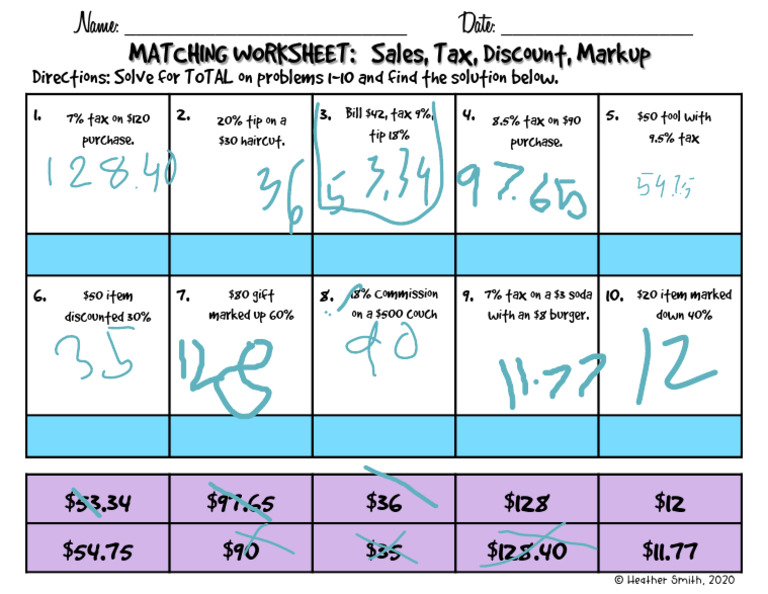 MATCHING WORKSHEET: Sales, Tax, Discount, Markup | PDF