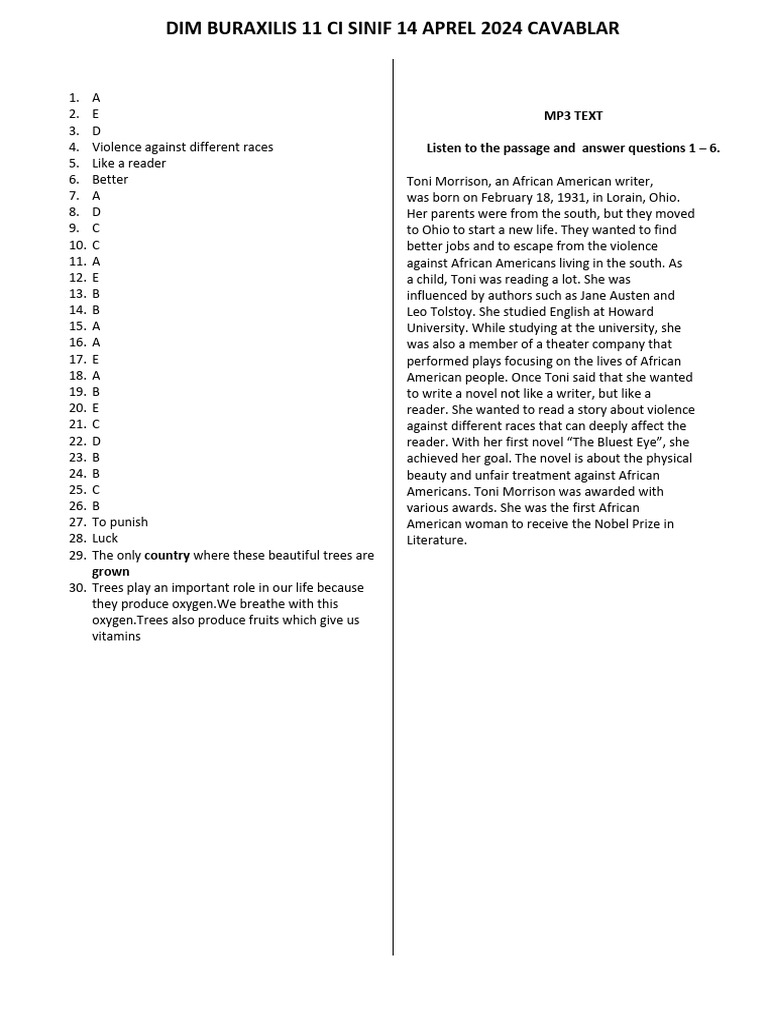 Dim Buraxilis 11 Sinif 14 Aprel 2024 Cavablar | PDF