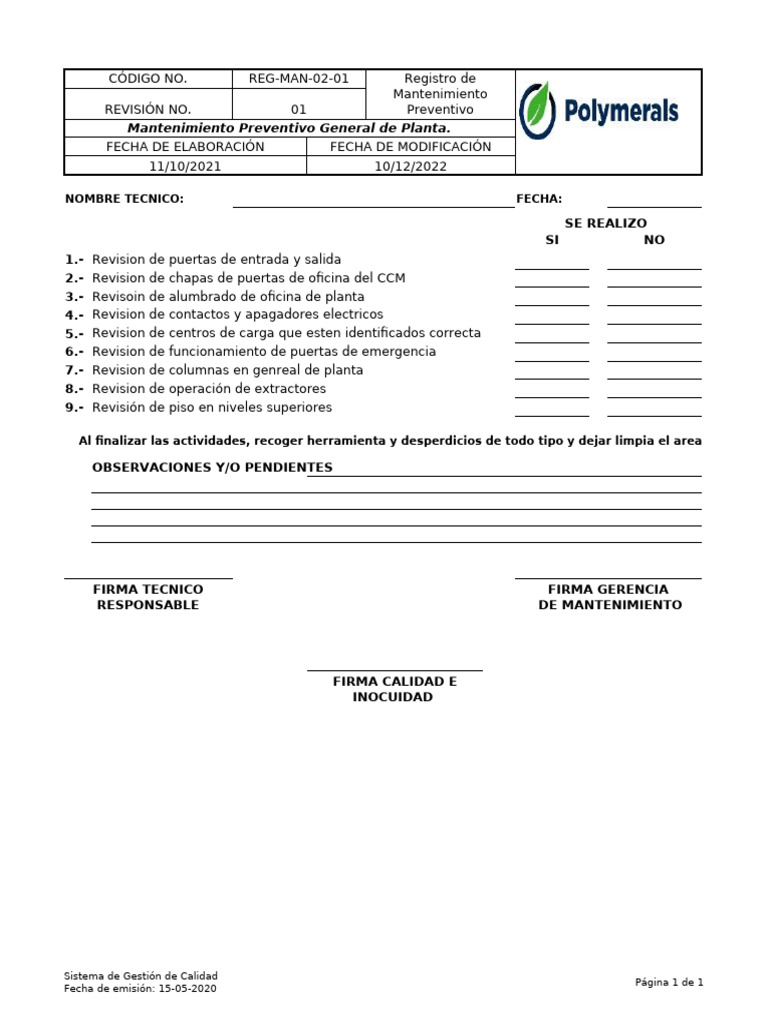 REG-MAN-02-01 MTTO GENERAL DE PLANTA | PDF