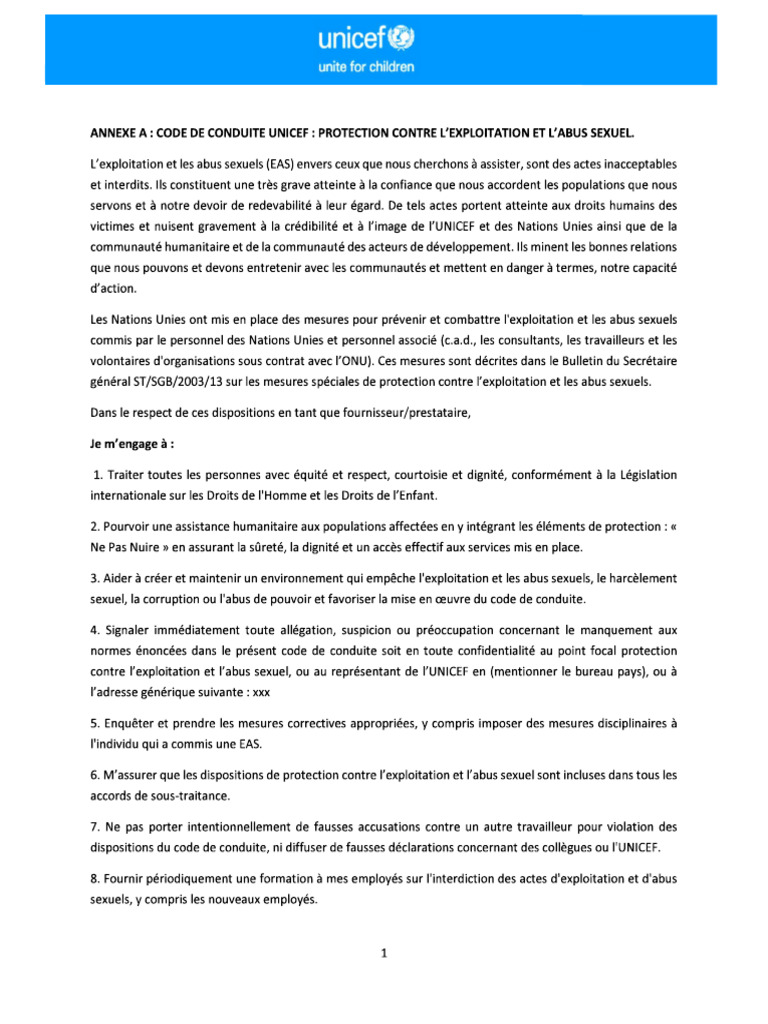 Annexe D Code de Conduite Psea | PDF