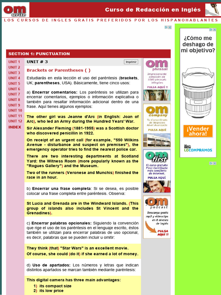 Curso de Redacción en Inglés: Unit # 3 | PDF