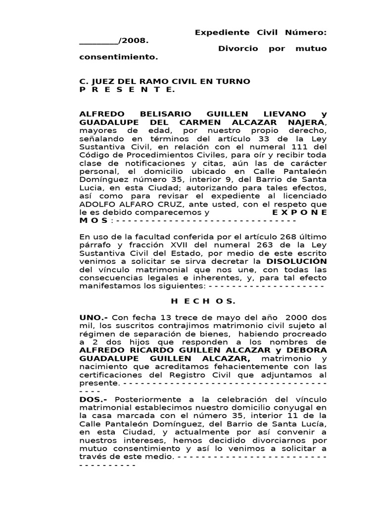 Demanda Divorcio Por Mutuo Consentimiento | PDF | Divorcio | Matrimonio