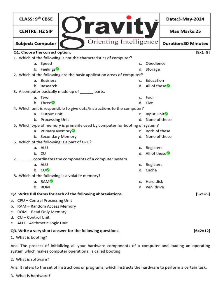 9th CBSE Computer Exam Sample Questions | PDF | Computer Data Storage ...