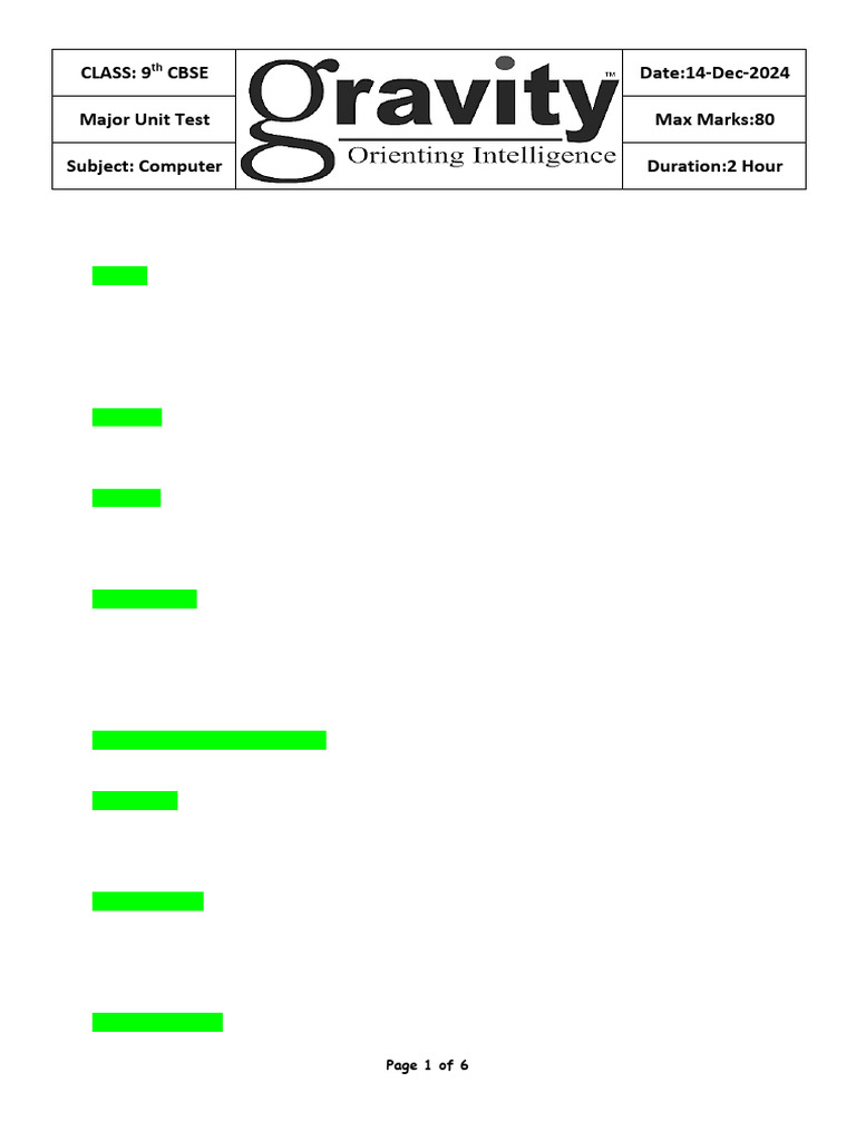 Major Unit Test Class 9th - Solution | PDF | Computer Network ...