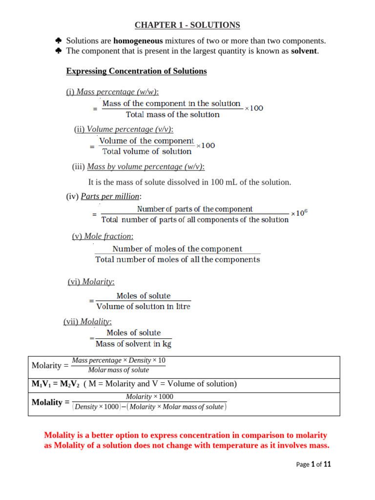 Class 12 Chapter 1 - Notes (1) | PDF | Solubility | Applied And ...