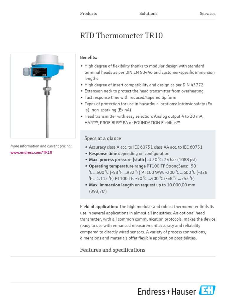 Endress-Hauser RTD Thermometer TR10 en | PDF | Electrical Engineering | Manufactured Goods