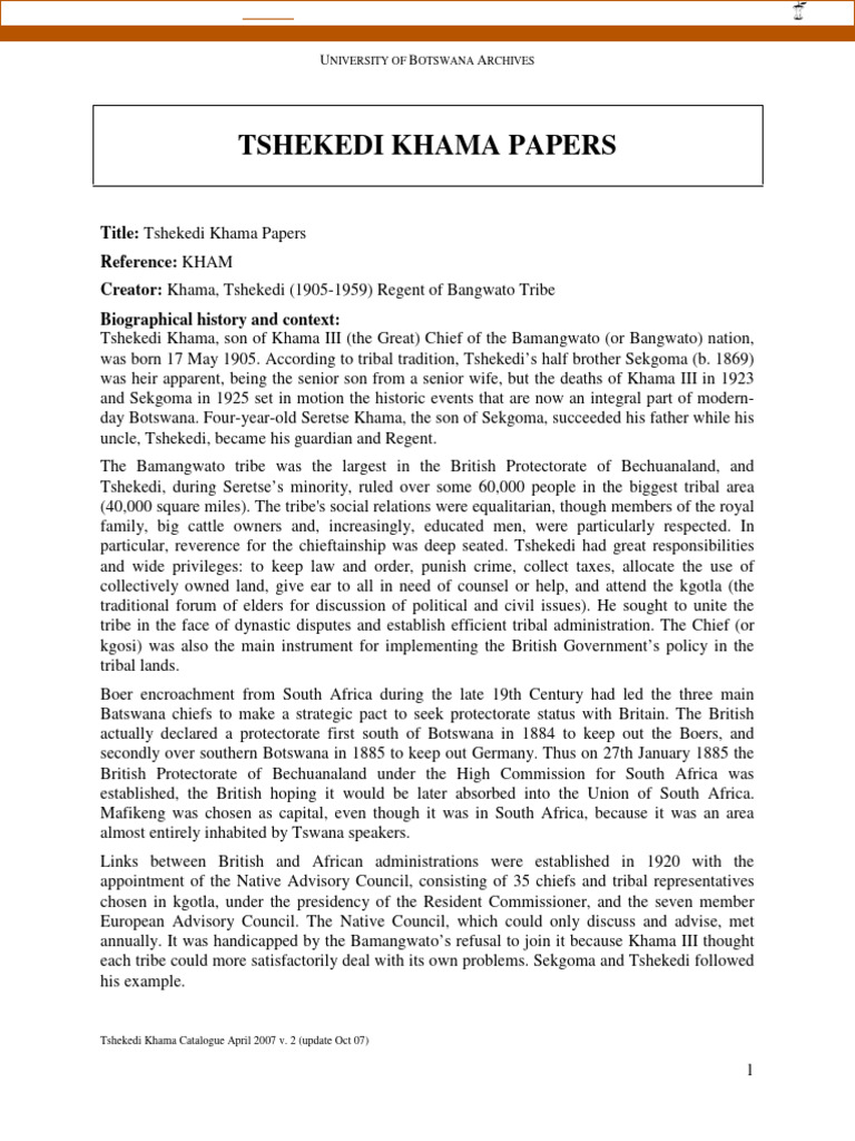 Tshekedi Khama Papers: Title: Reference: Creator: Biographical History ...