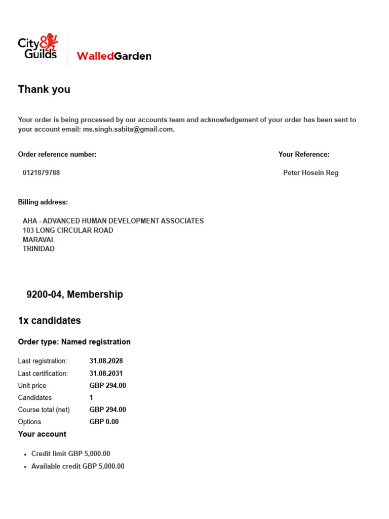 Order Confirmation for Course Registration | PDF
