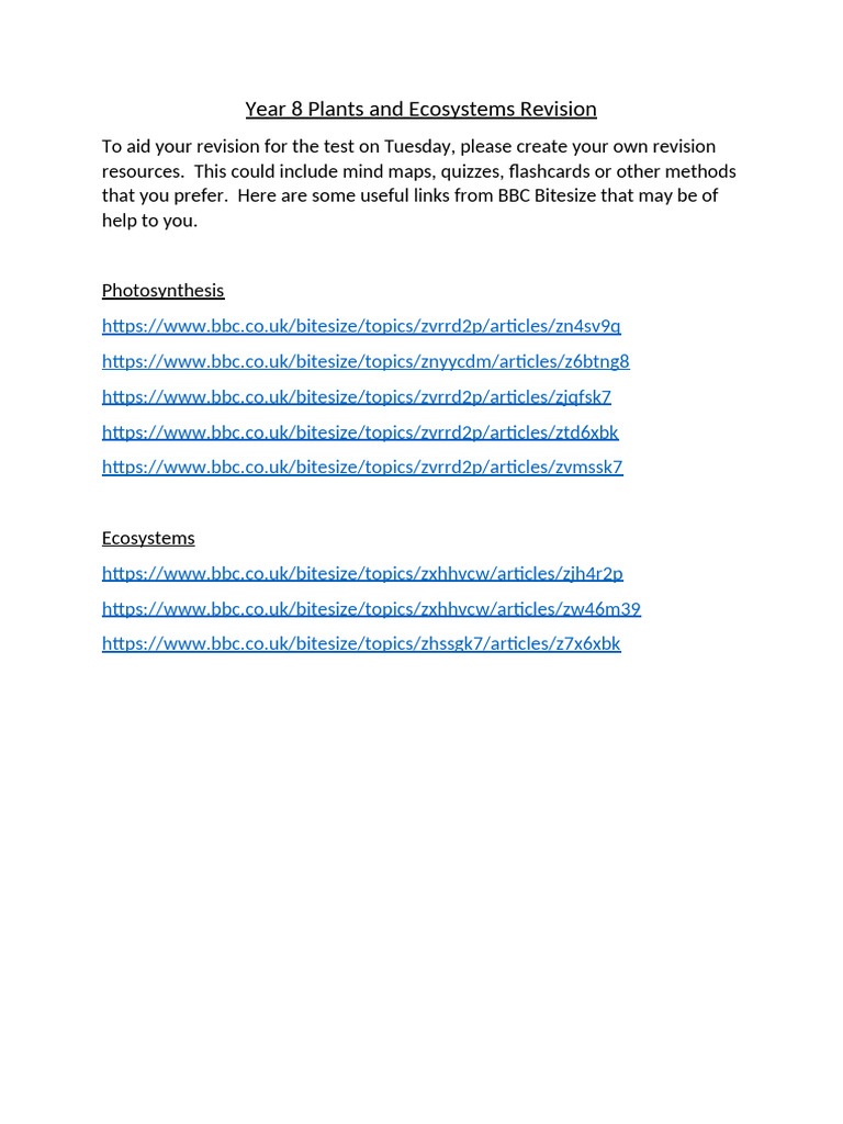 Year 8 Plant Ecosystems Revision Guide | PDF