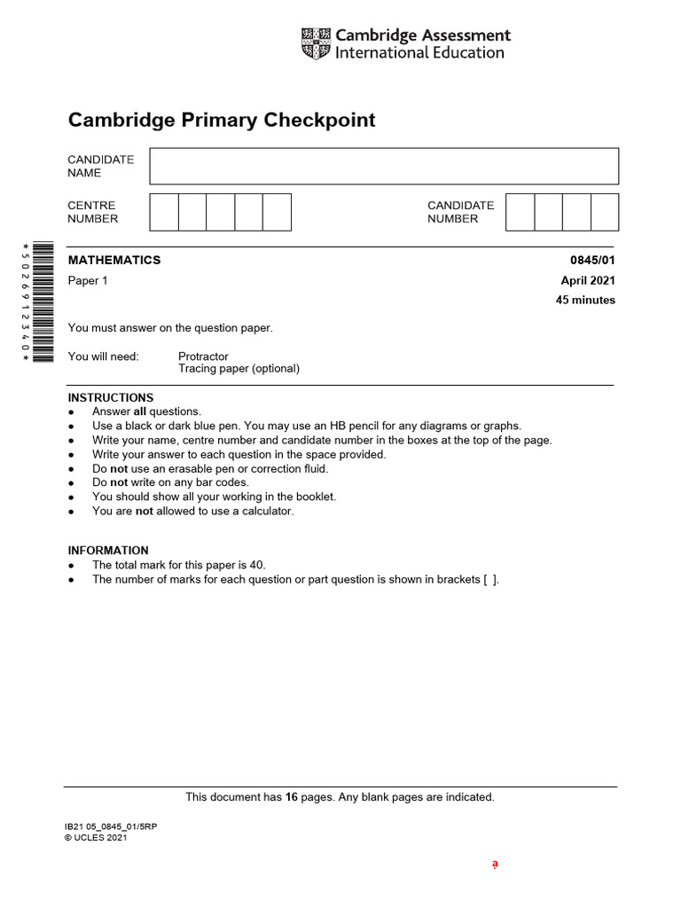 Cambridge Primary Checkpoint Math Paper | PDF | Length | Mathematics