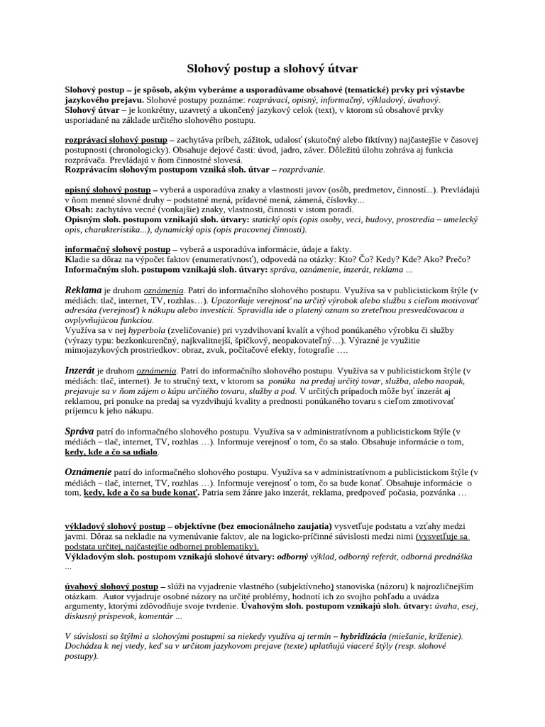 Slohové Postupy A Slohové Útvary | PDF