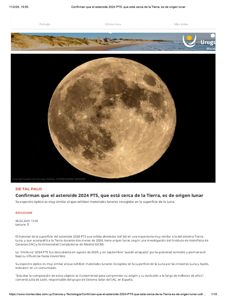 Asteroide 2024 PT5: Origen lunar confirmado | PDF | Luna | Asteroide