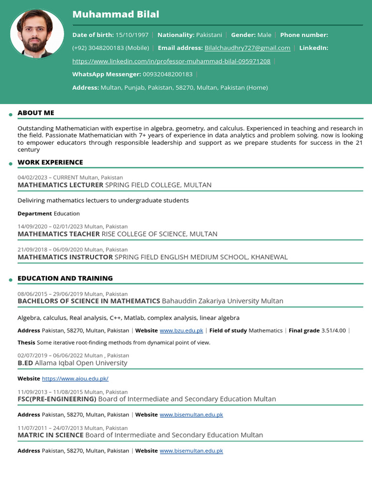 Bilal Teaching CV Green (2) | PDF | Mathematics | Mathematical Analysis