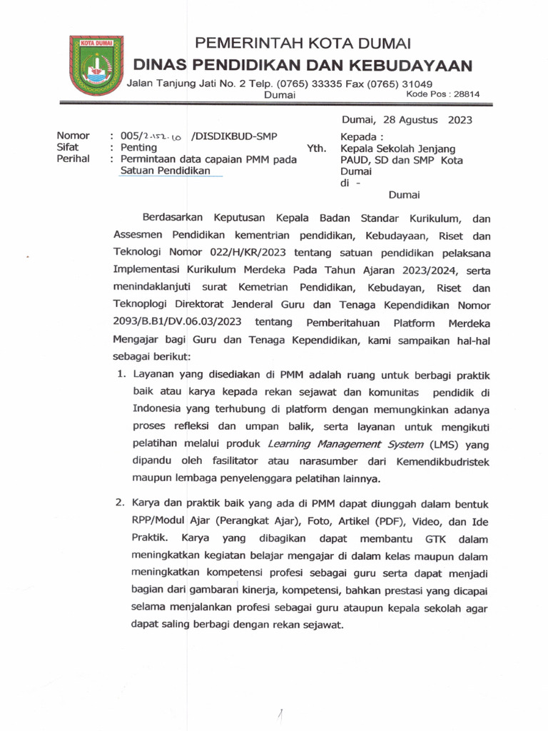 Surat Permintaan Data Capaian PMM | PDF