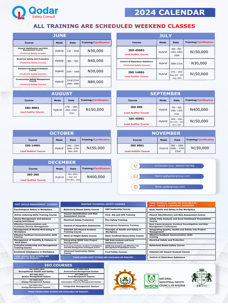 2024 Safety Training Calendar & Courses | PDF | Occupational Safety And ...