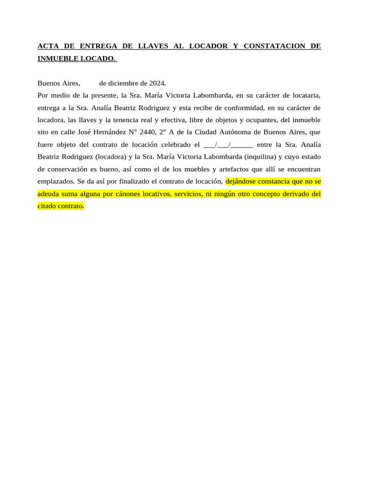 Acta de Entrega de Llaves Modelo | PDF