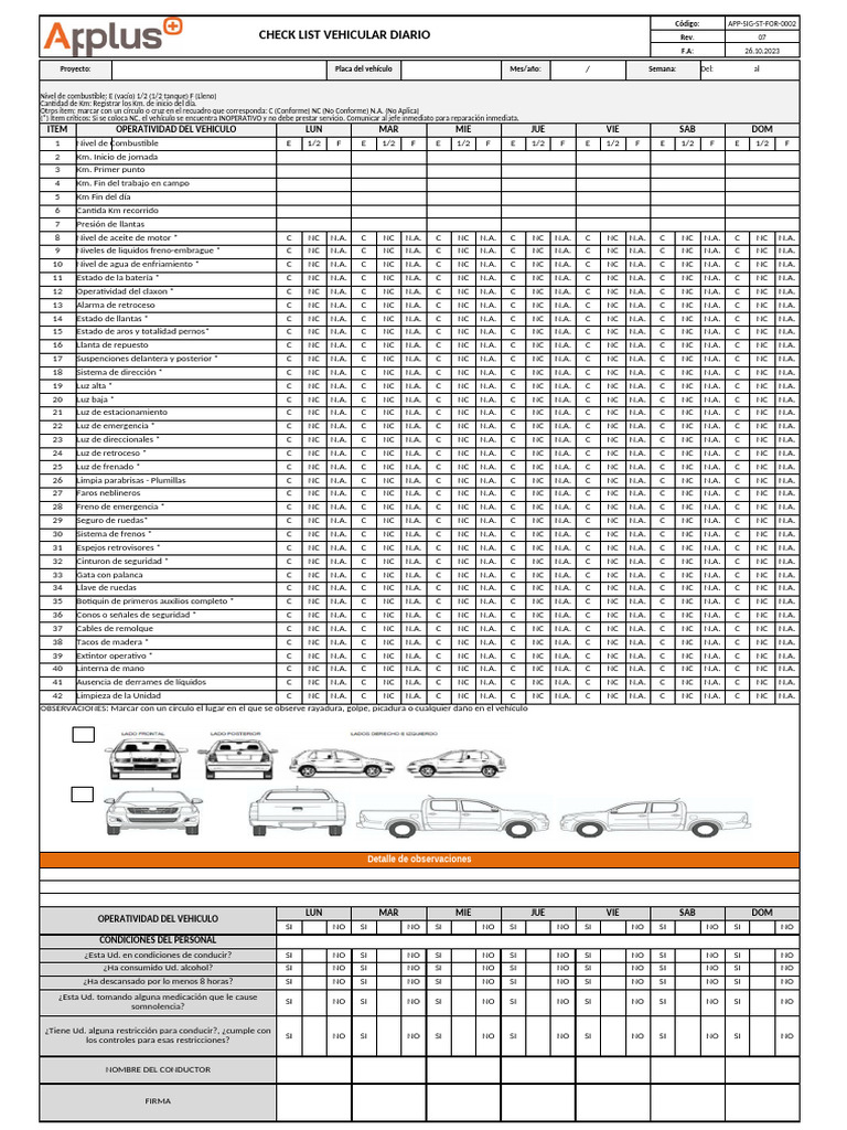 APP-SIG-ST-FOR-0002 Check List Vehicular Diario V07 | PDF | Vehículos