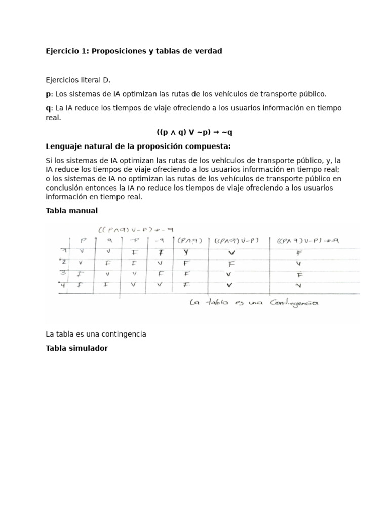 Proposiciones y tablas de verdad, ejercicio 1 | PDF