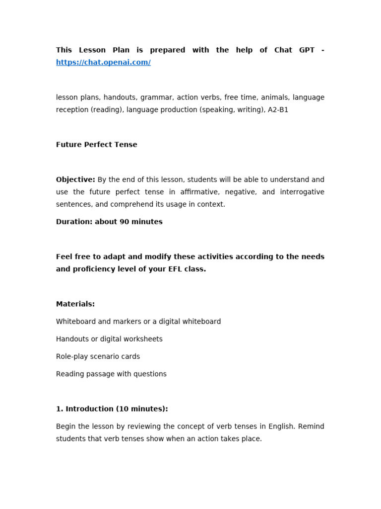 Future Perfect Tense Lesson Plan | PDF | Grammatical Tense | Perfect ...