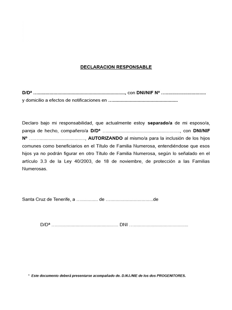 Modelo Declaracion Responsable Autorizacion Inclusión Hijos Progenitores1 | PDF