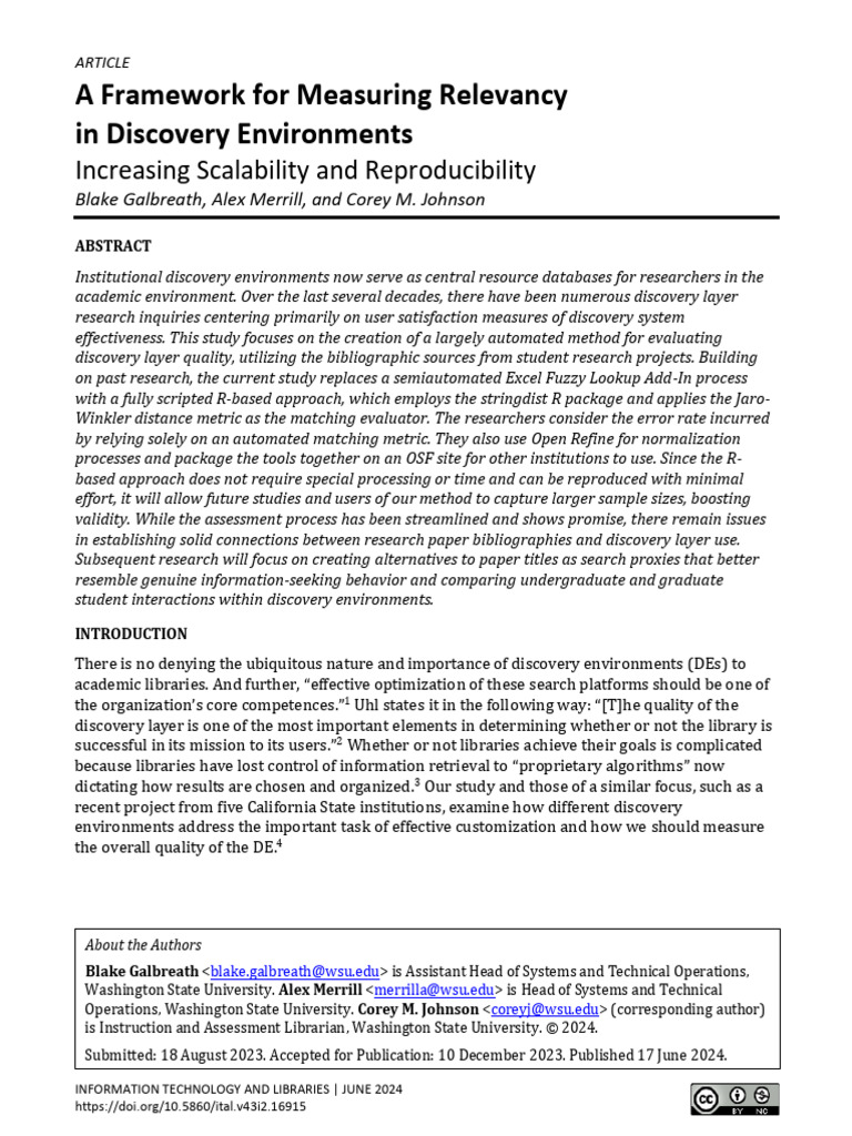 A Framework for Measuring Relevancy in Discovery Environments: Increasing Scalability and ...