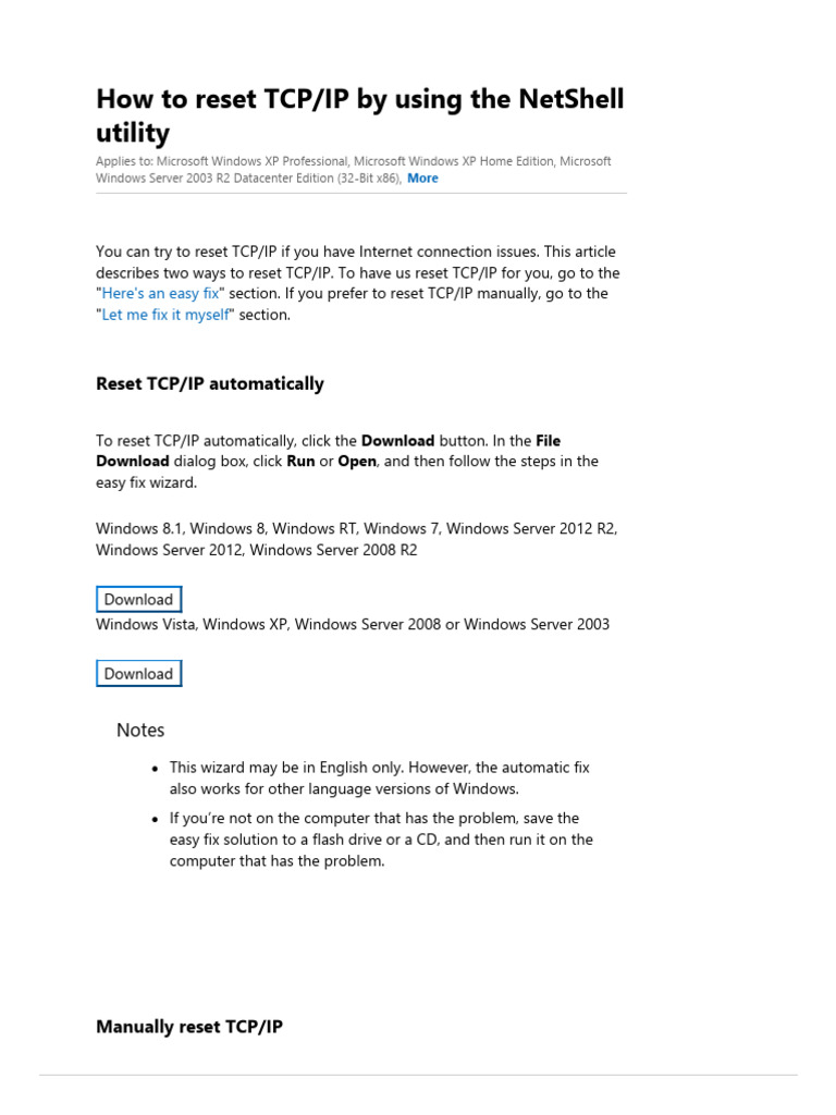 How To Reset Tcpip By Using The Netshell Utility Pdf Microsoft Windows Windows Server 2003