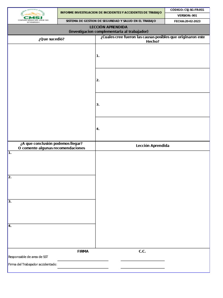 Leccion Aprendida Informacion Complementaria Trabajador | PDF
