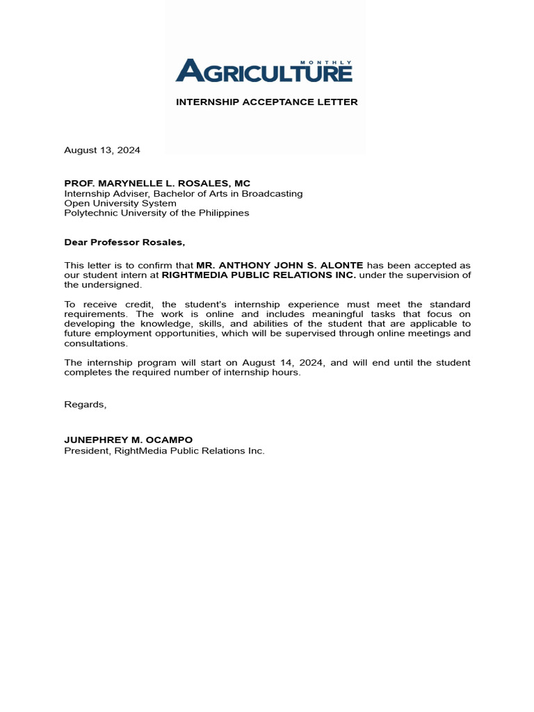 Internship Acceptance Confirmation Letter | PDF