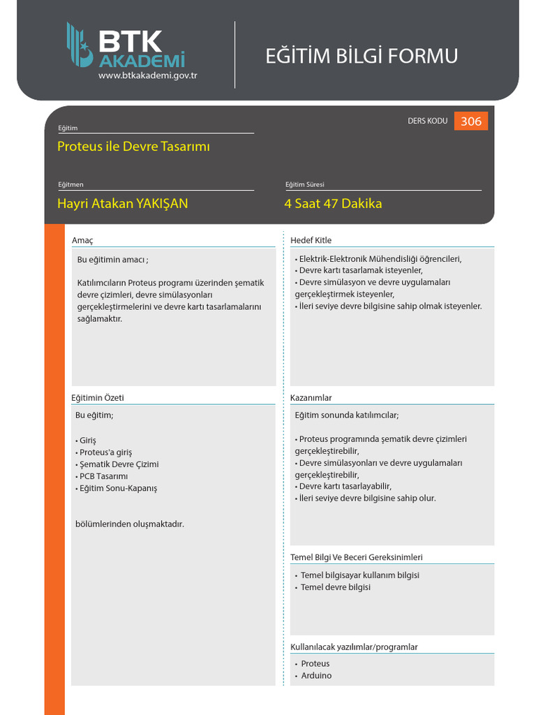 Proteus Ile Devre Tasarimi Egitim Bilgi Formu | PDF