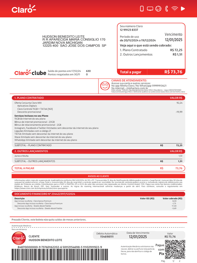 Comprovante de Residencia - Claro (SP) | PDF | Internet | Bancos