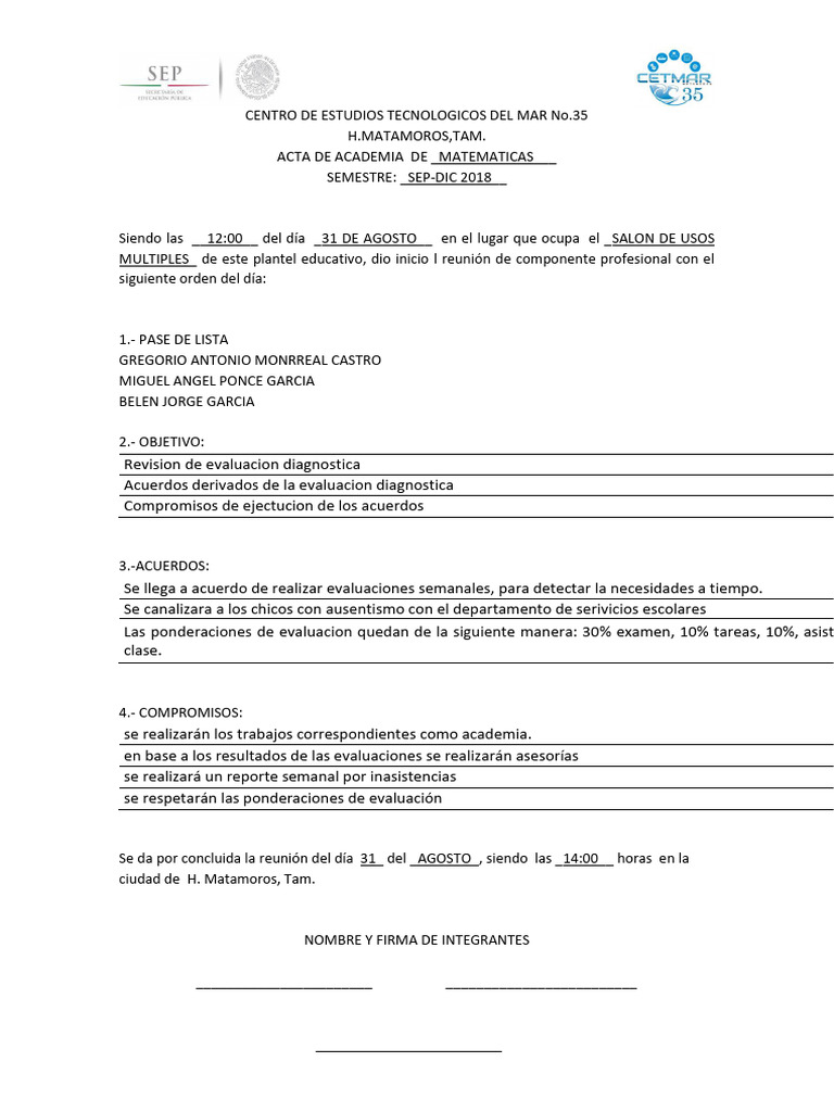 Acta Tomada de Academia 1 | PDF