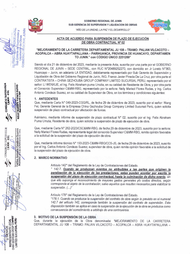 Acta de Acuerdo para Suspensión de Plazo de Ejecución de Obra N°02 (21-12-23) | PDF