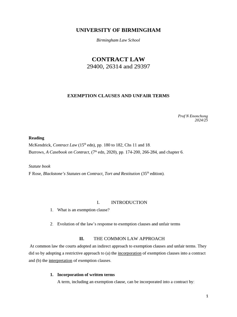 Contract Law Lecture Outline - Exemption Clauses and Unfair Terms 2025 ...