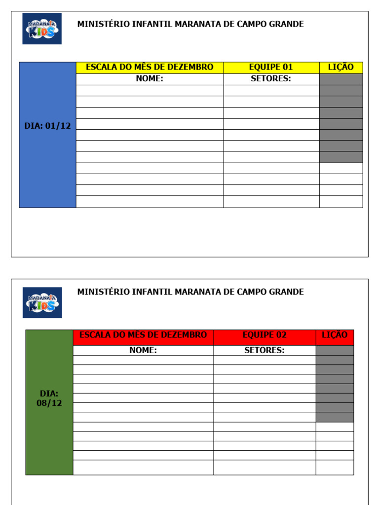 Escala Ebd Kids - Dezembro - Equipe | PDF